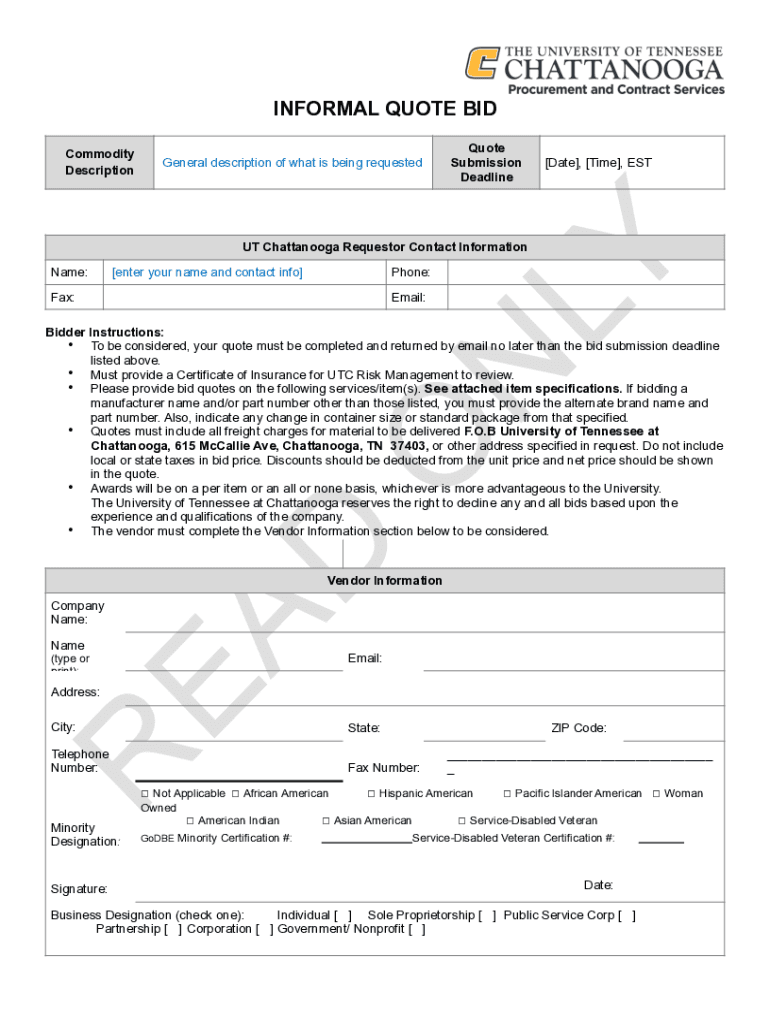 Fillable Online Informal Quote Bid Form Instructions Read Only ...