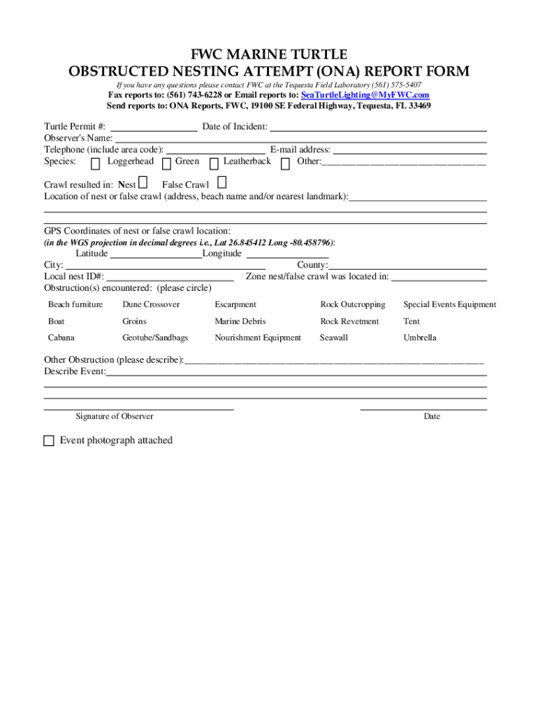 Fillable Online FWC Form ONA-1, FWC Marine Turtle Obstructed Nesting ...