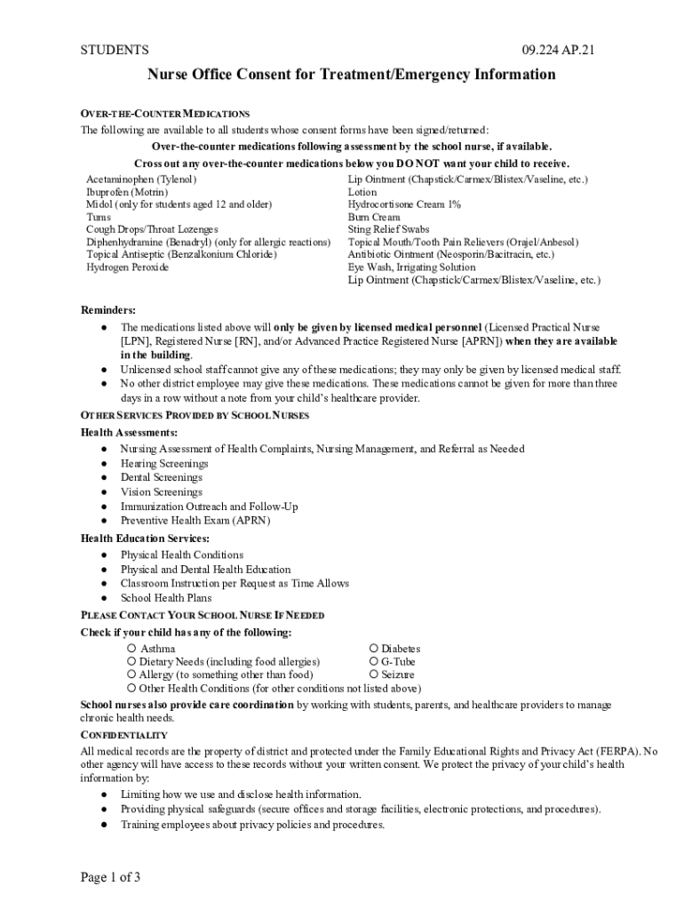 Fillable Online Nurse Office Consent for Treatment/Emergency ...