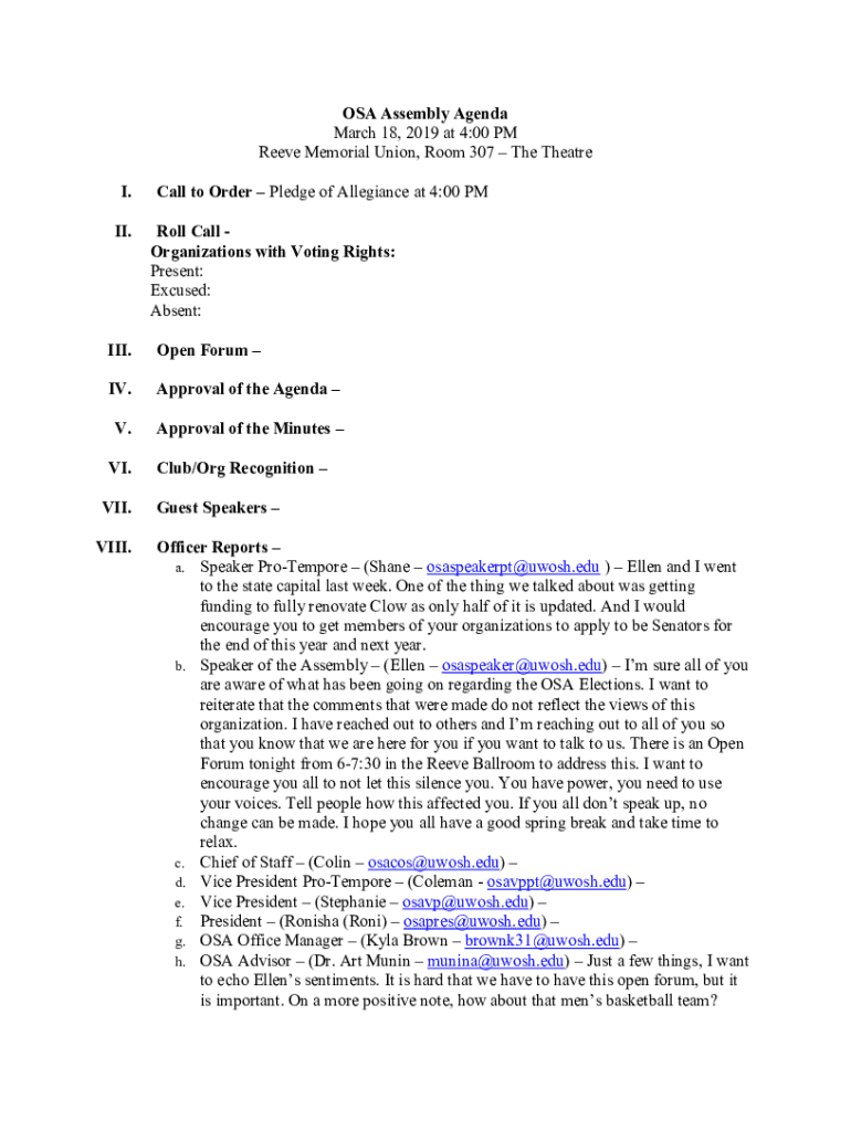 Fillable Online OSA Assembly Agenda I. Call to Order- Studylib Fax ...
