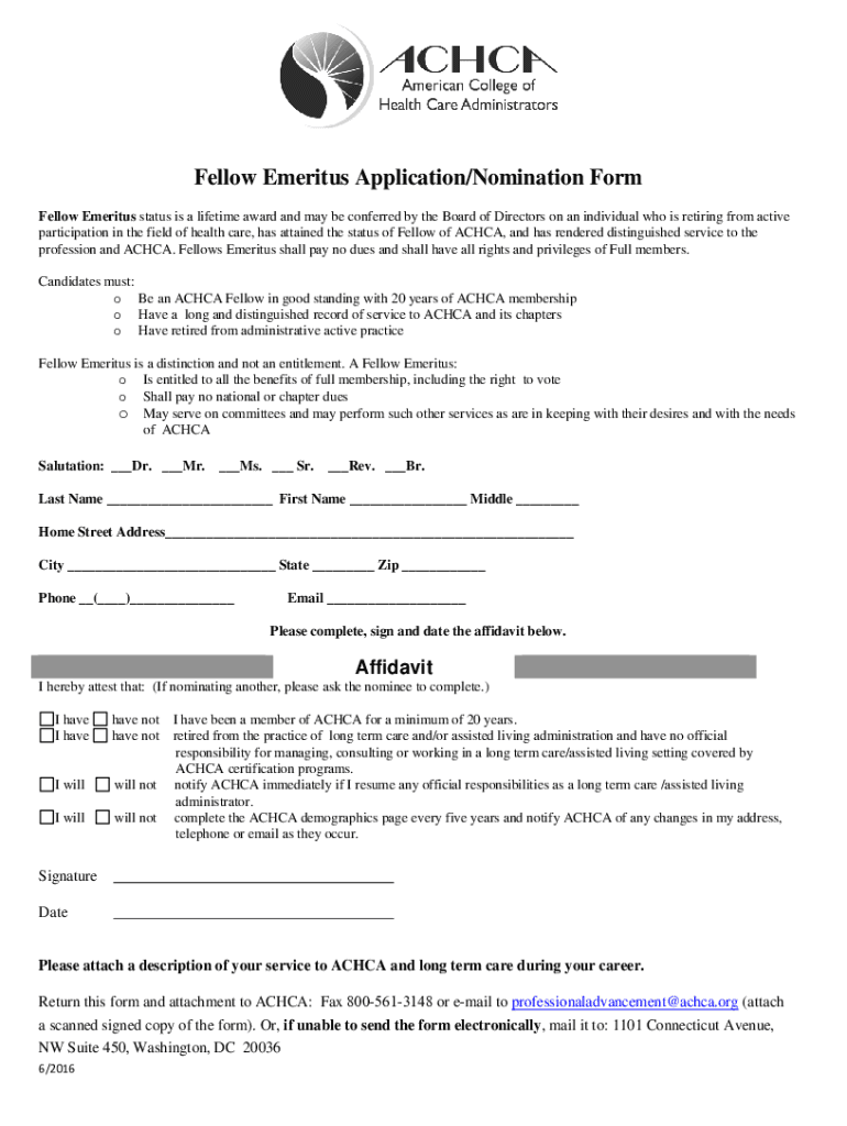 Fillable Online Fellow Emeritus Application/Nomination Form Fax Email ...