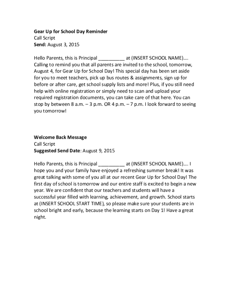 Fillable Online Gear Up for School Day Reminder Call Script Send Fax ...