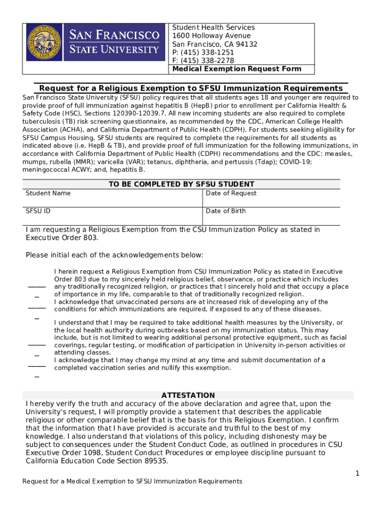 Medical Exemption Request - Student Health Services - health sfsu Doc Template | pdfFiller