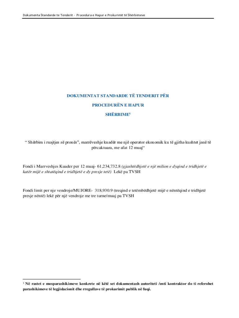 Fillable Online Dokumenta Standarde te Tenderit - Procedura e Hapur e ...