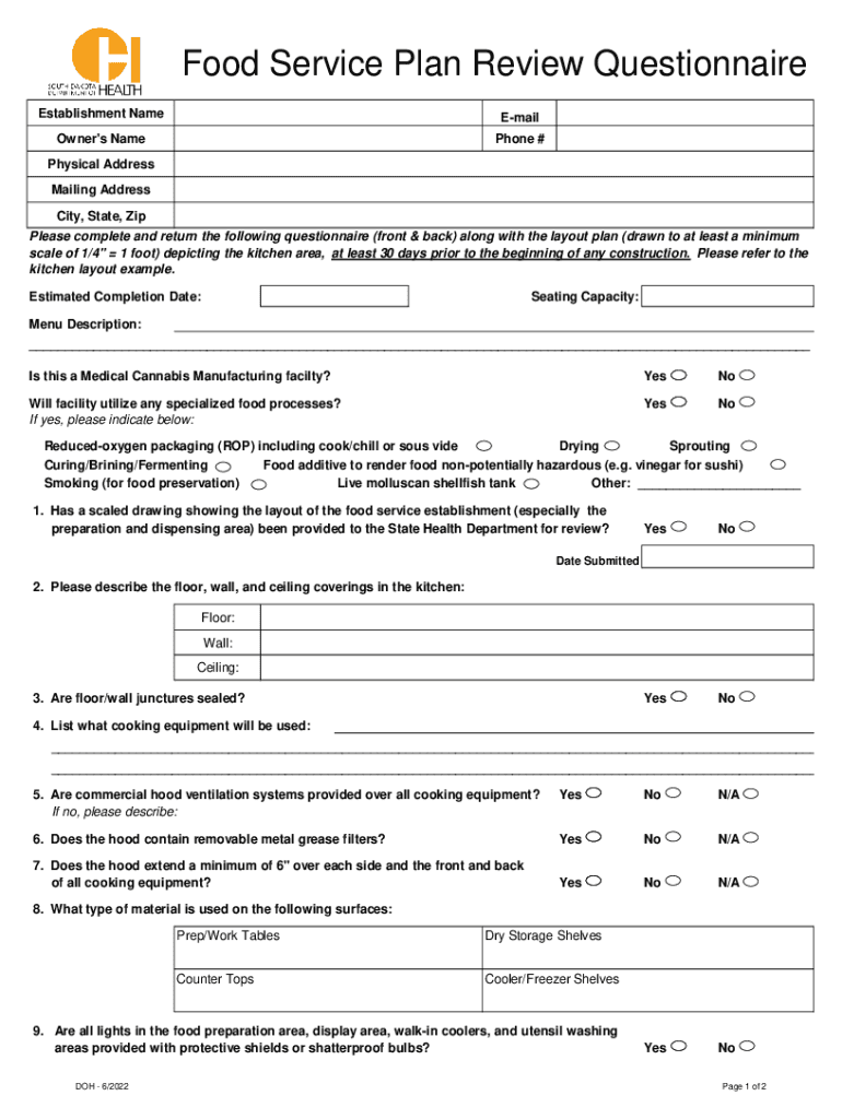 Fillable Online doh sd Retail Food Plan Review Questionnaire - La Dept ...