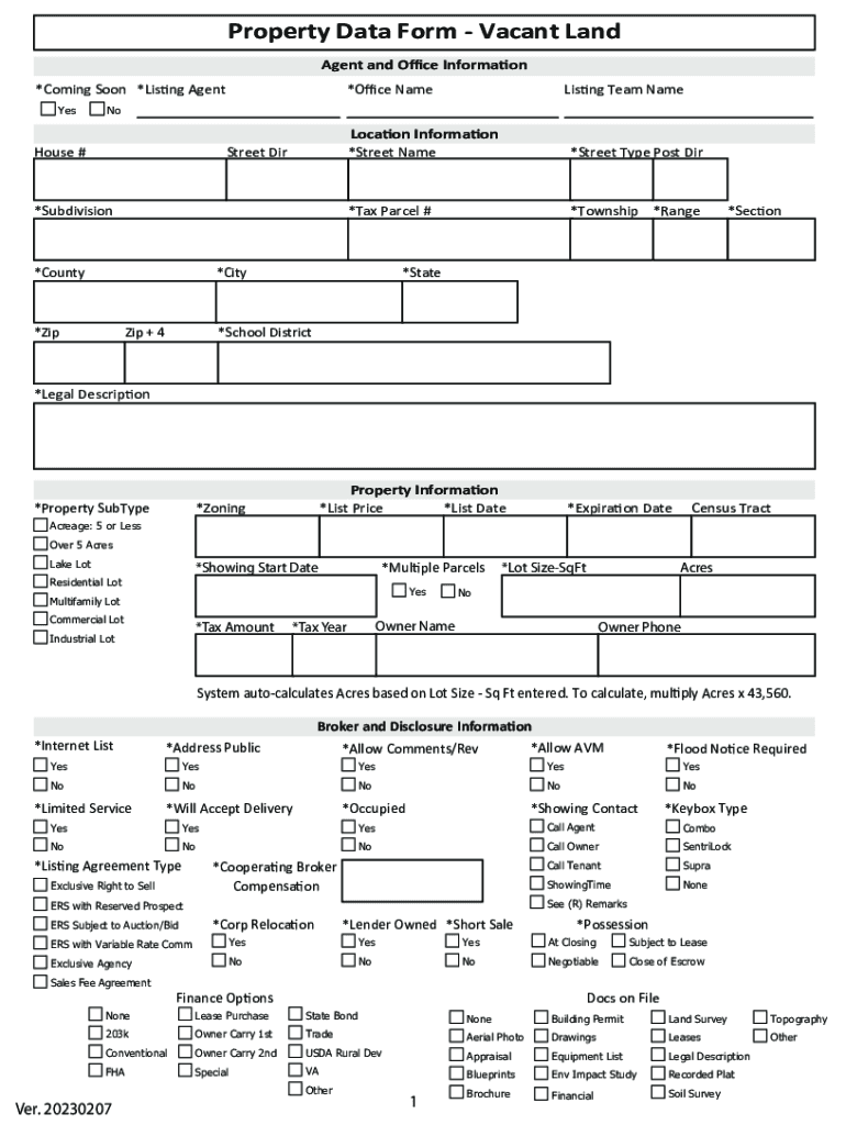 Fillable Online MLS Vacant Land Property Data Form Field Decriptions ...