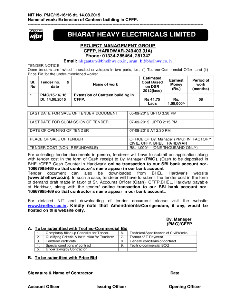 Fillable Online CARTAGE OF MATERIAL TENDER NOTICE NO. : FF/14-15 Fax ...