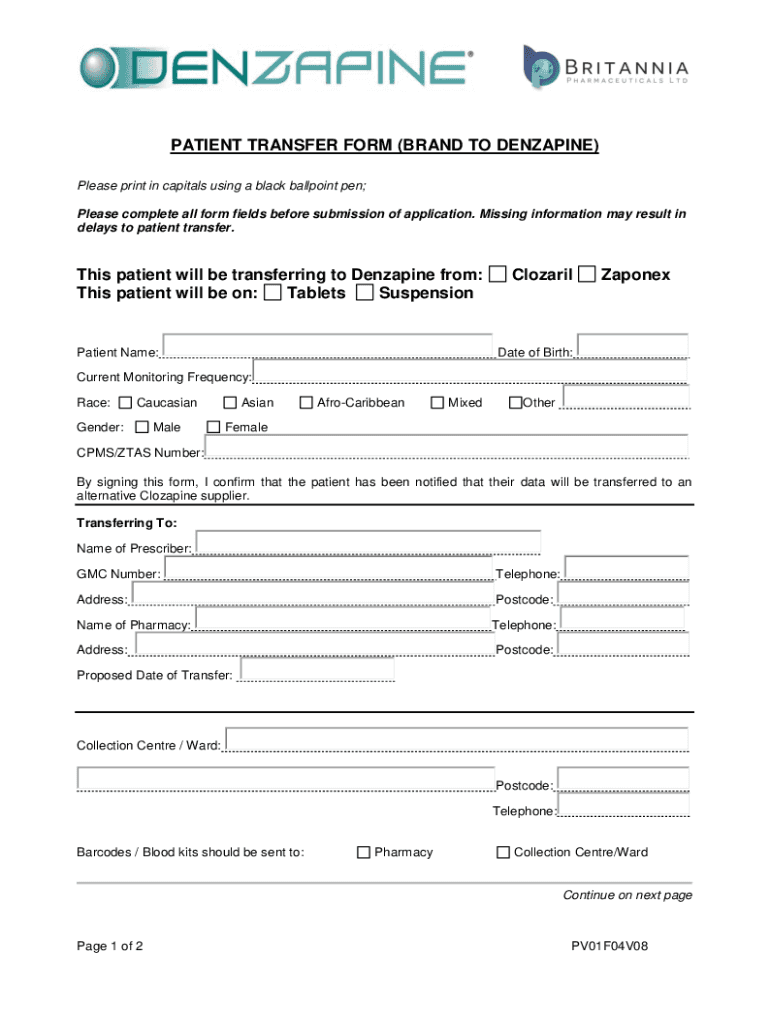 Fillable Online Patient Transfer Form Brand to Denzapine Fax Email ...