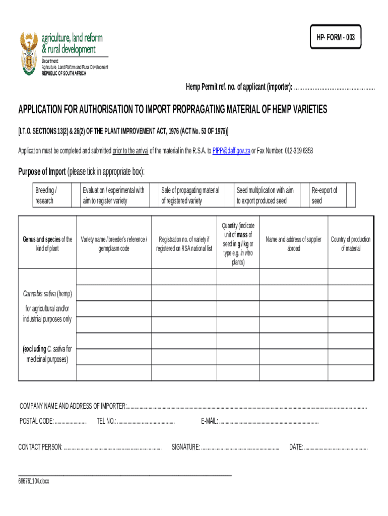 HP--003 Application for Import of Hemp Varieties Doc Template | pdfFiller
