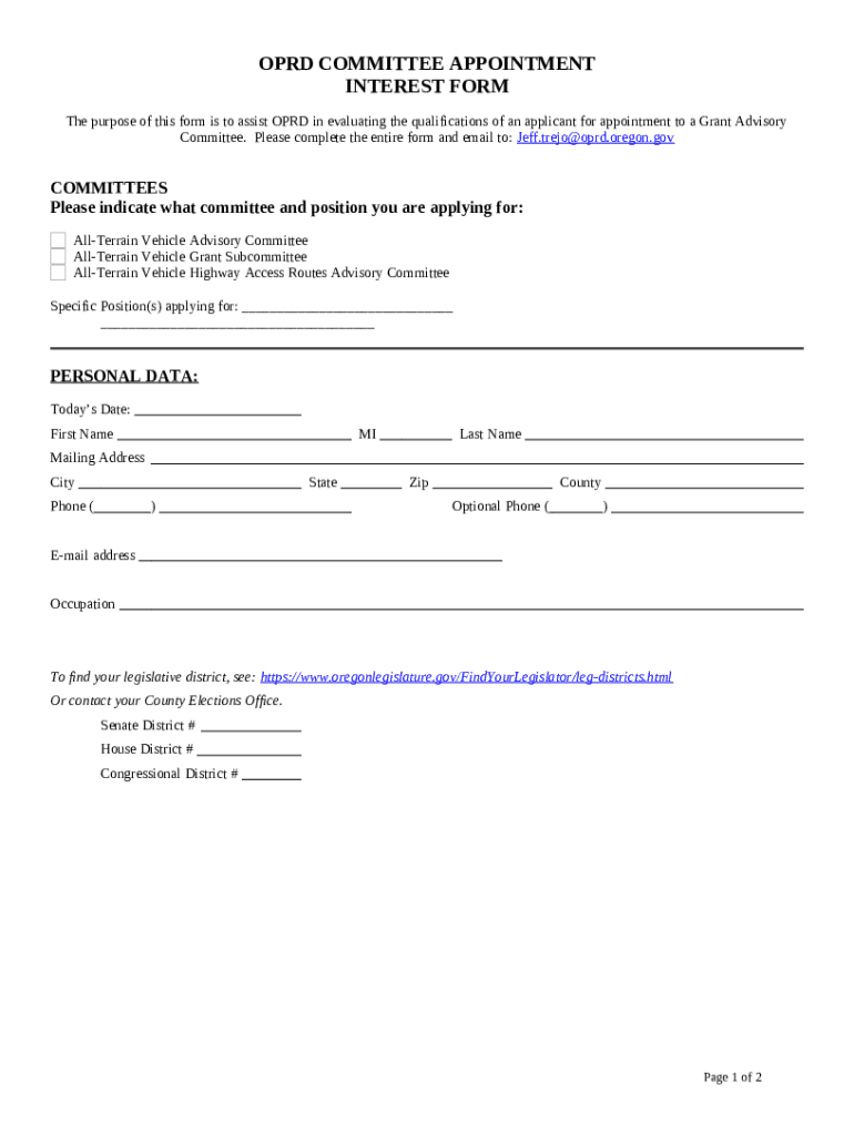OPRD Committee Appointment Interest Doc Template | pdfFiller