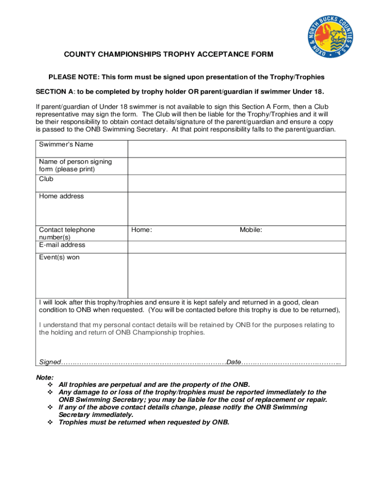 Fillable Online COUNTY CHAMPIONSHIPS TROPHY ACCEPTANCE FORM Fax Email ...