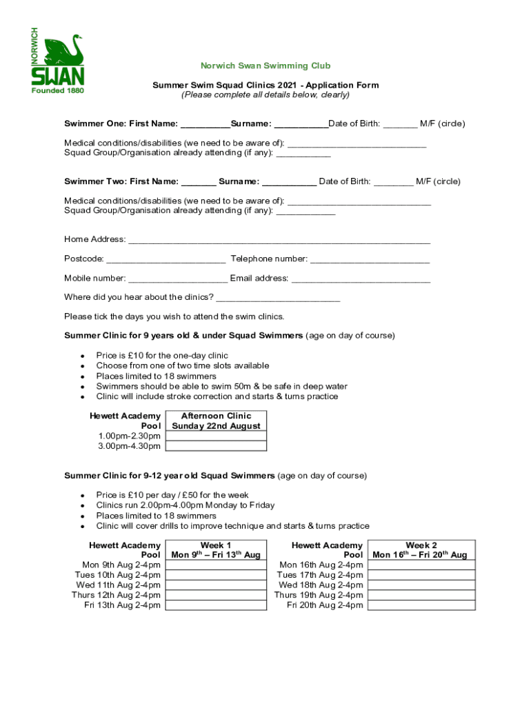Fillable Online Accepted Entries - Norwich Swan Swimming Club Fax Email ...