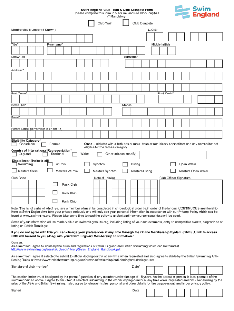 Fillable Online Swim England Club Train & Club Compete Form Fax Email ...