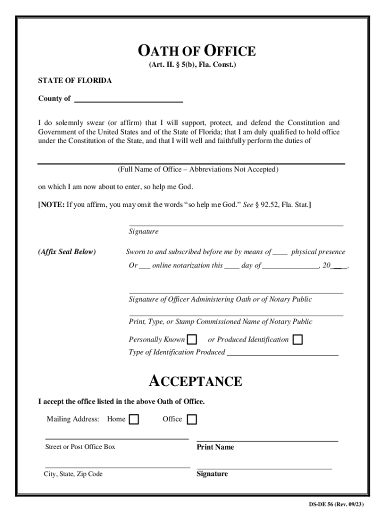 Fillable Online OATH OF OFFICE (Art. II. 5(b), Fla. Const.) (Florida ...