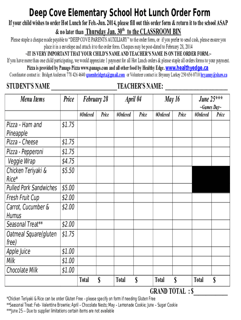 Fillable Online Deep Cove Elementary School Hot Lunch Order Form Fax ...