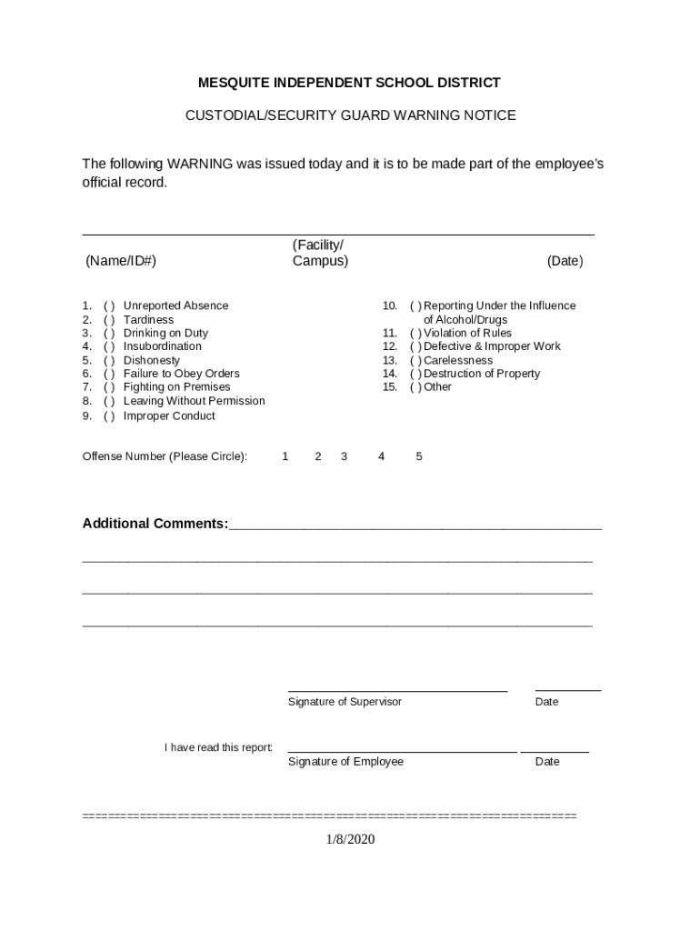 CUSTODIAL/SECURITY GUARD WARNING NOTICE Doc Template | pdfFiller