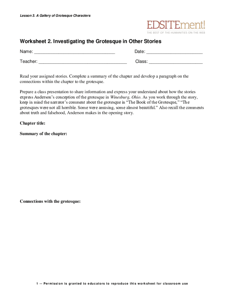 Fillable Online Worksheet 1. Focus on The Book of the Grotesque Teacher ...