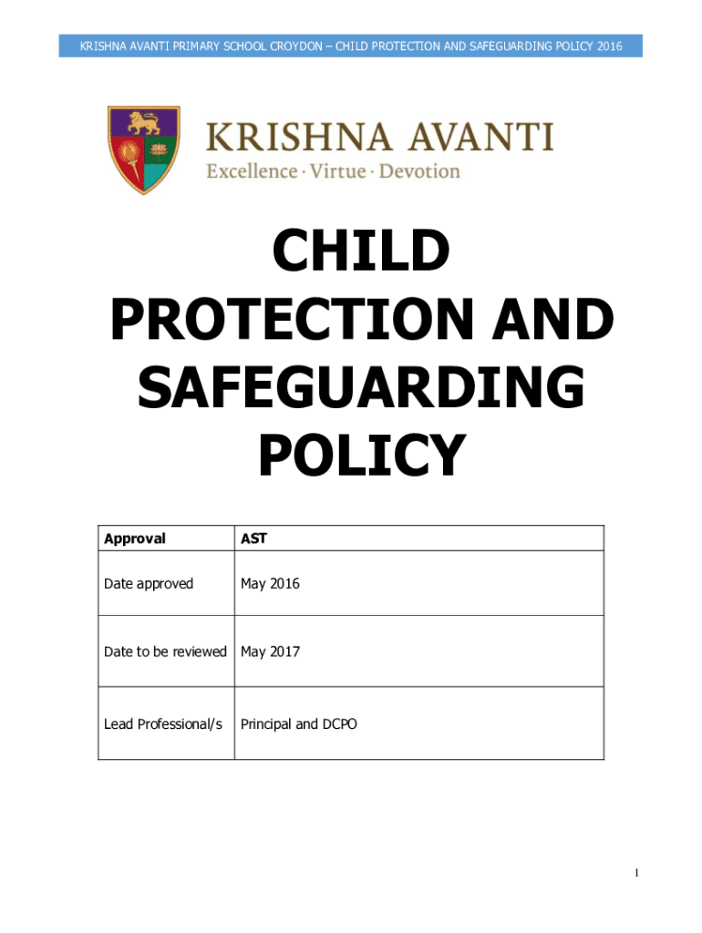 Fillable Online KRISHNA AVANTI PRIMARY SCHOOL CROYDONCHILD PROTECTION ...