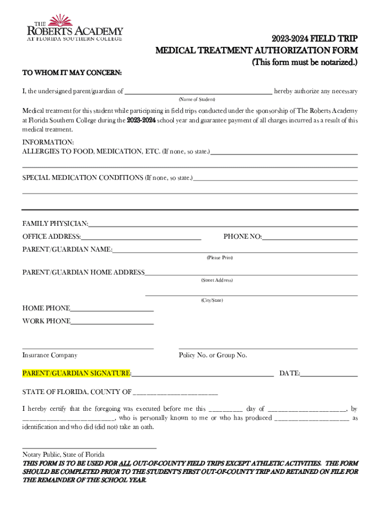 Fillable Online 2023-2024 Field Trip Medical Treatment Authorization ...