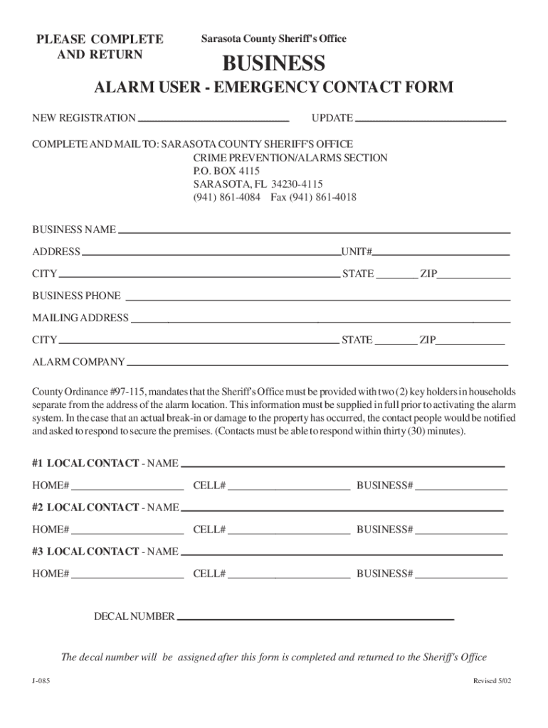 Fillable Online Alarm Forms - Sarasota County Sheriff's Office Fax Email Print - pdfFiller