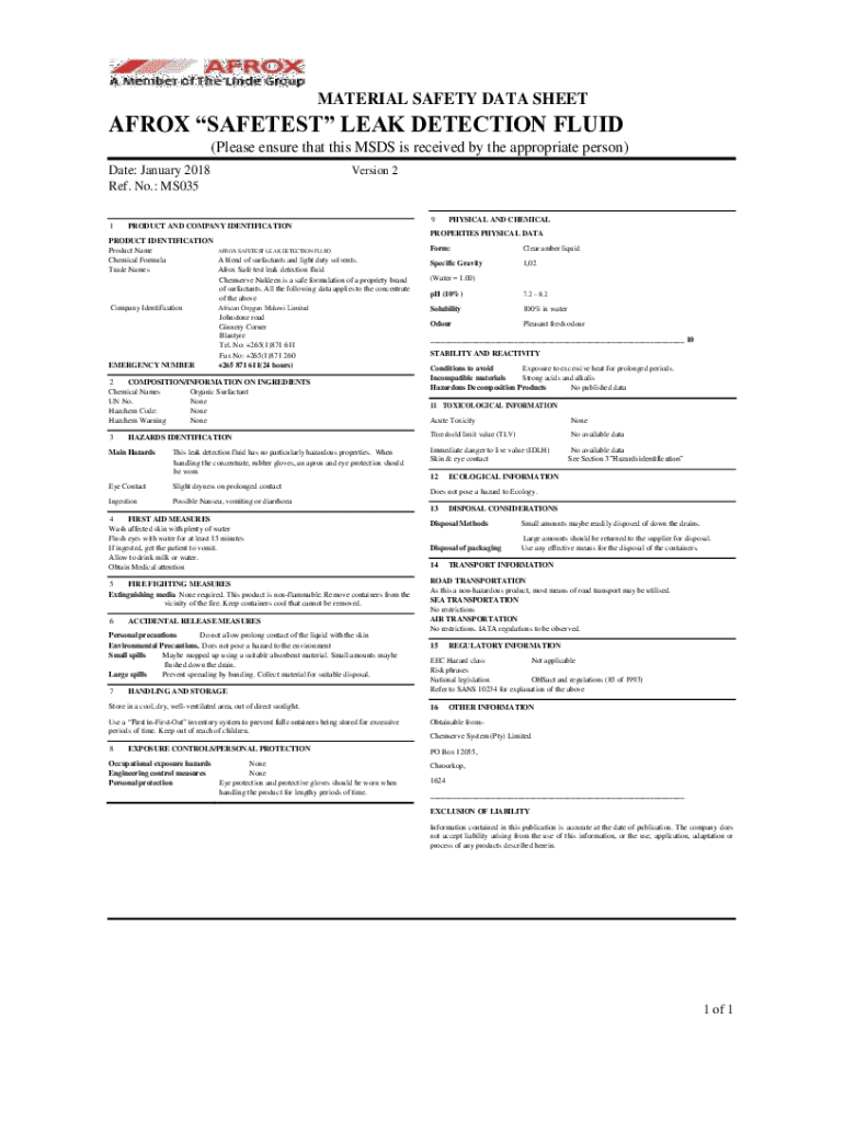 Fillable Online SAFETY DATA SHEET (SDS) Safetest Leak Detection Fluid ...
