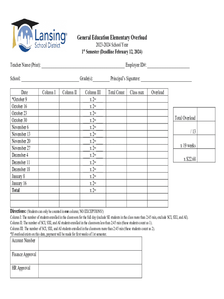 Fillable Online General Education Secondary Overload Fax Email Print ...