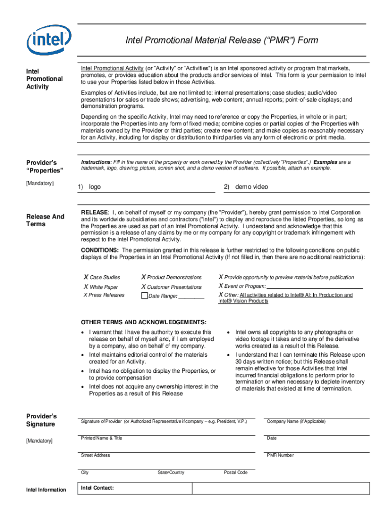 Fillable Online Intel Promotional Material Release (PMR) Form Fax Email ...