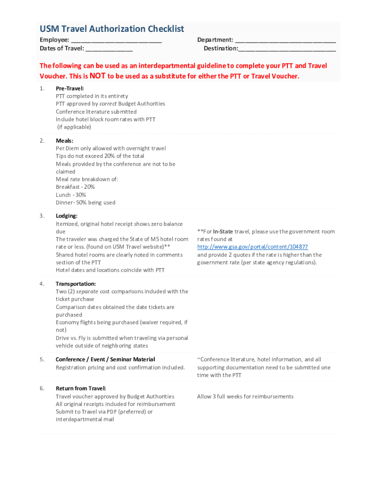 Fillable Online USM Travel Authorization Checklist Fax Email Print ...