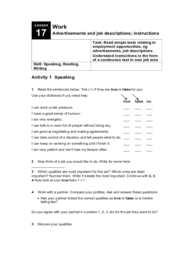 Fillable Online EC - 17 - student workbook - job ads, job descriptions ...
