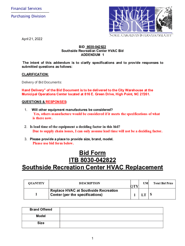 Fillable Online Bid Form ITB 8030-042822 Southside Recreation Center ...