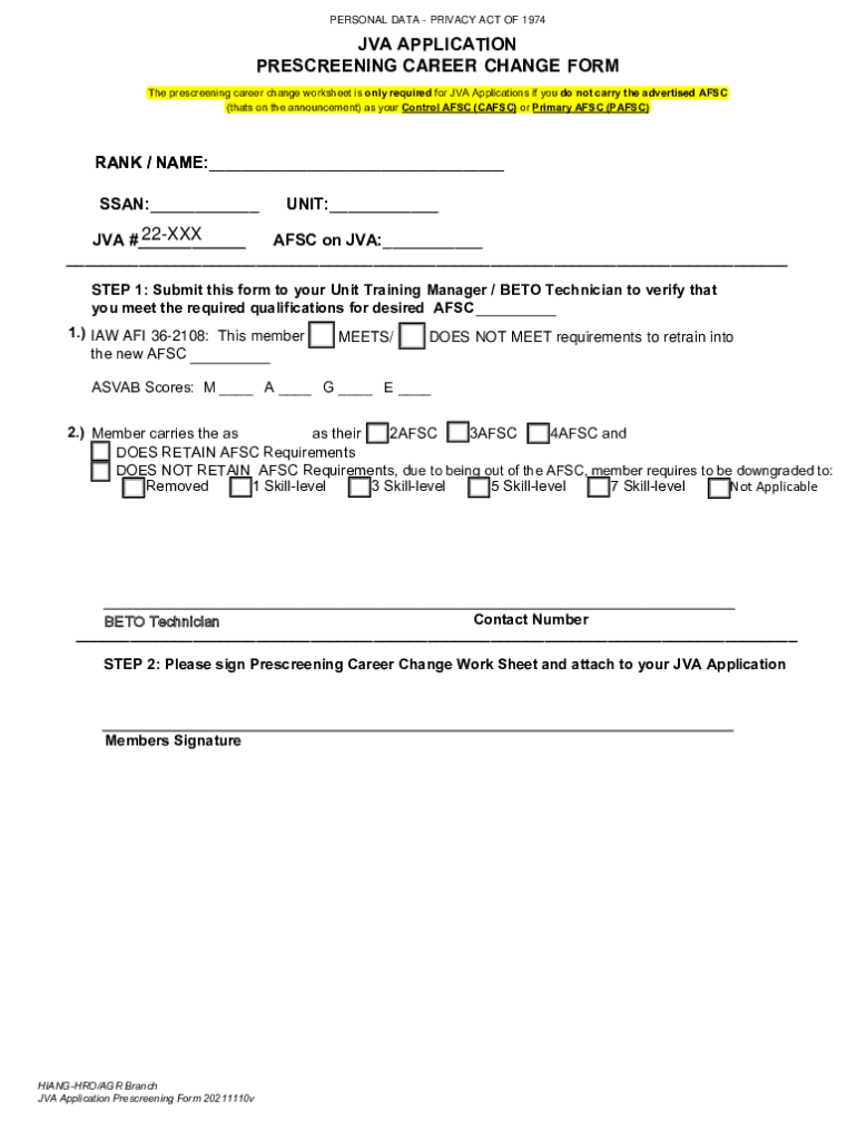 Fillable Online JVA Application Prescreening Form 20211110v Fax Email ...