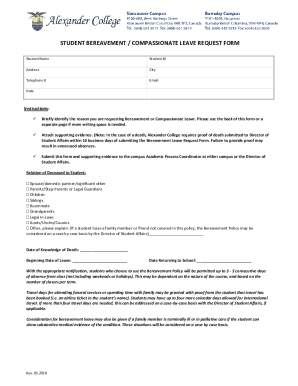 Fillable Online Bereavement Leave Request - Dean of Students Fax Email ...
