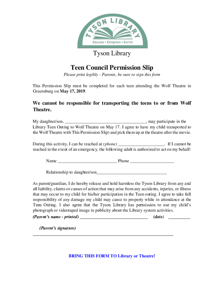 Fillable Online Parent Permission Slip for Twinsburg Public Library LAN ...