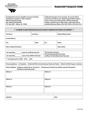 Fillable Online Fillable Online wilsoncc Transcript Request Form Fax ...