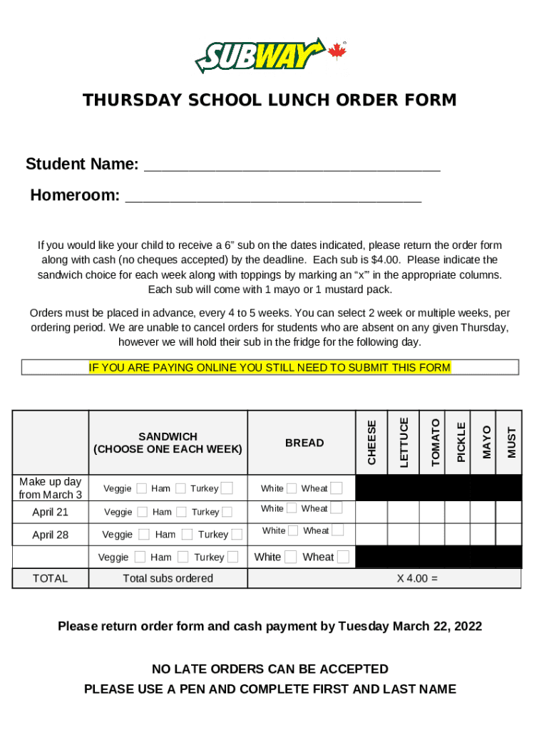 THURSDAY SCHOOL LUNCH ORDER Doc Template | pdfFiller