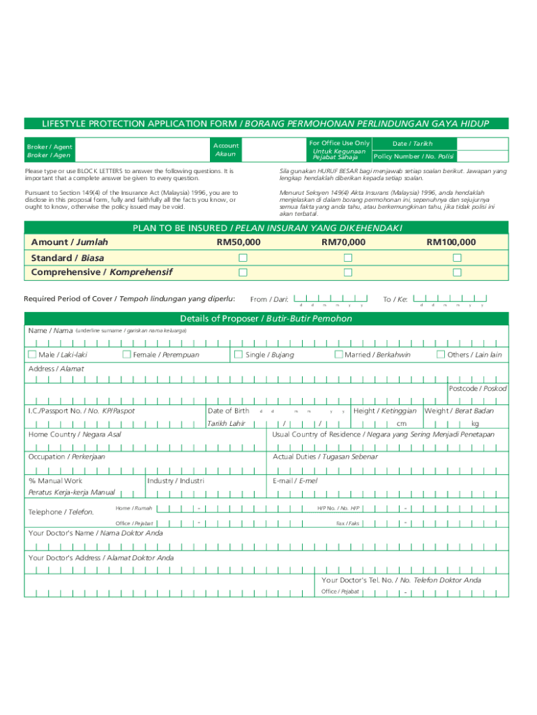 Fillable Online lifestyle protection application form / borang ...