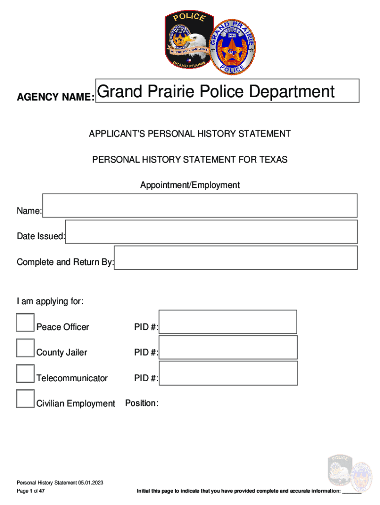 Fillable Online Dallas Police Department Applicant Personal History ...