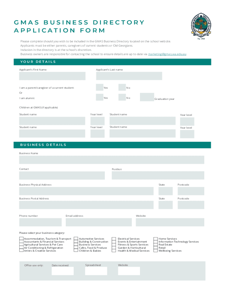 Fillable Online GMAS BUSINESS DIRECTORY APPLICATION FORM Fax Email ...