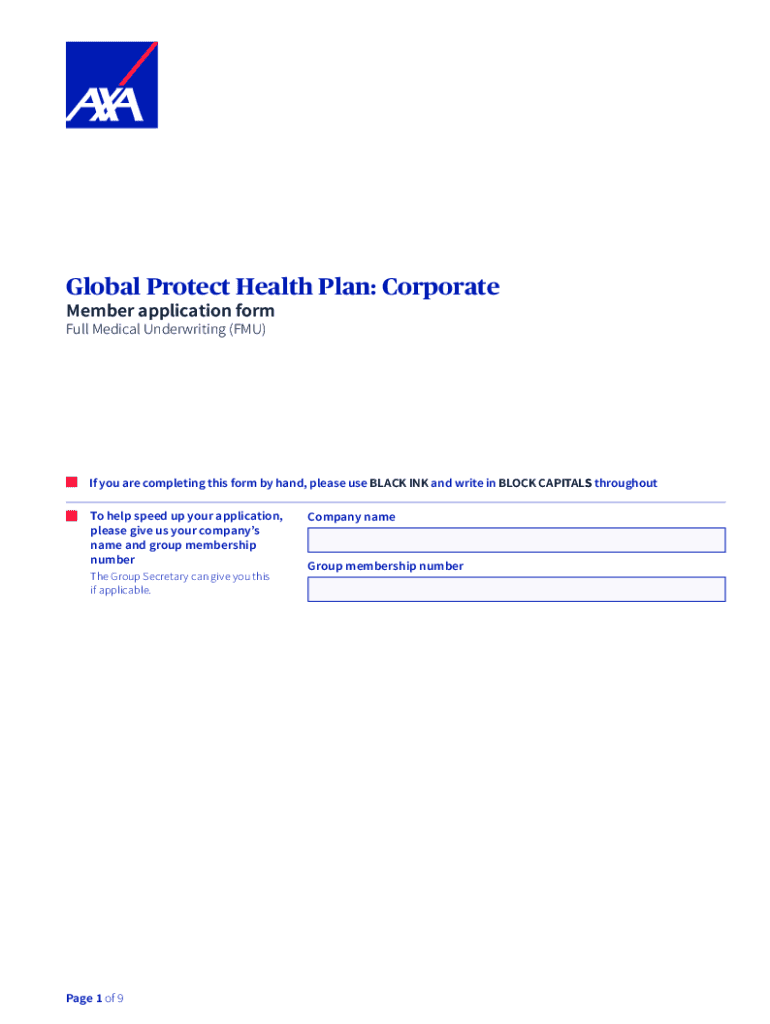 Fillable Online Global health plan: Corporate - Member application form ...