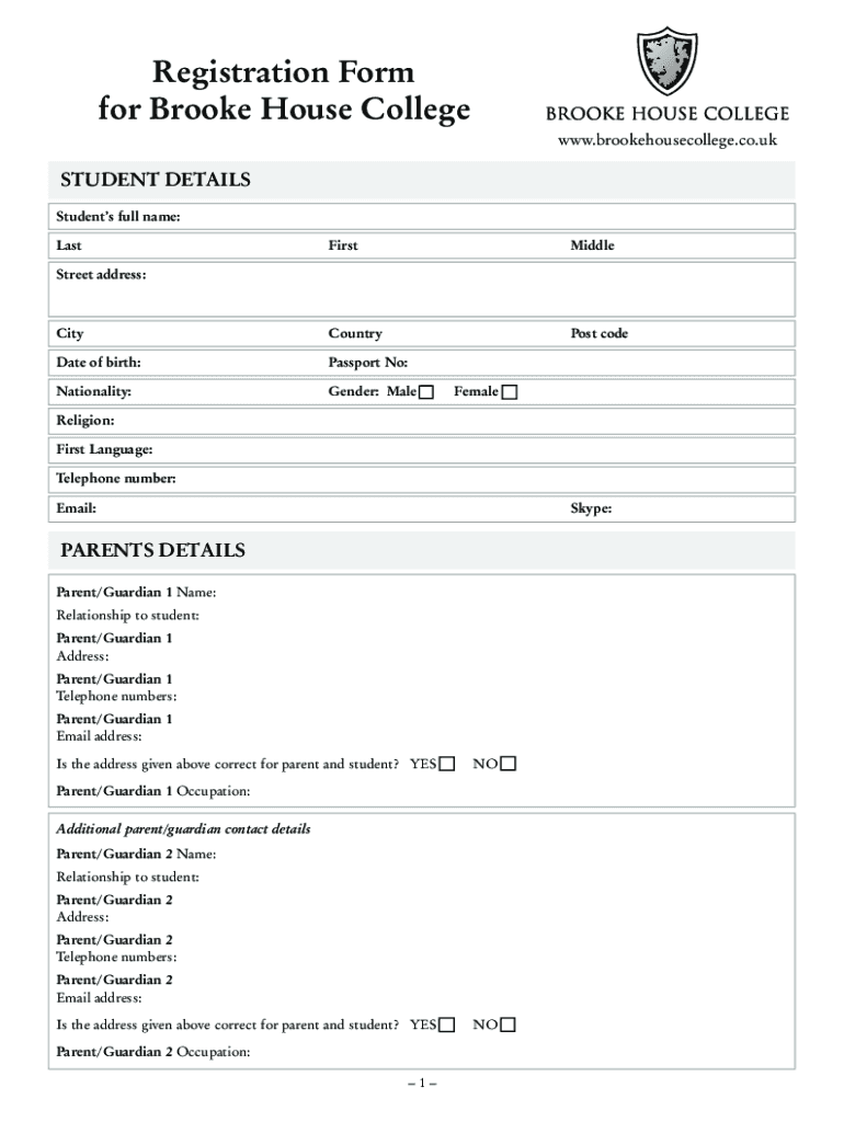 Fillable Online Registration Form for Brooke House College Fax Email ...