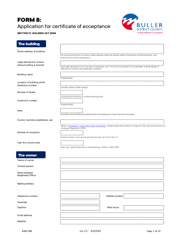 Fillable Online Application for Certificate of Acceptance (Form 8 ...