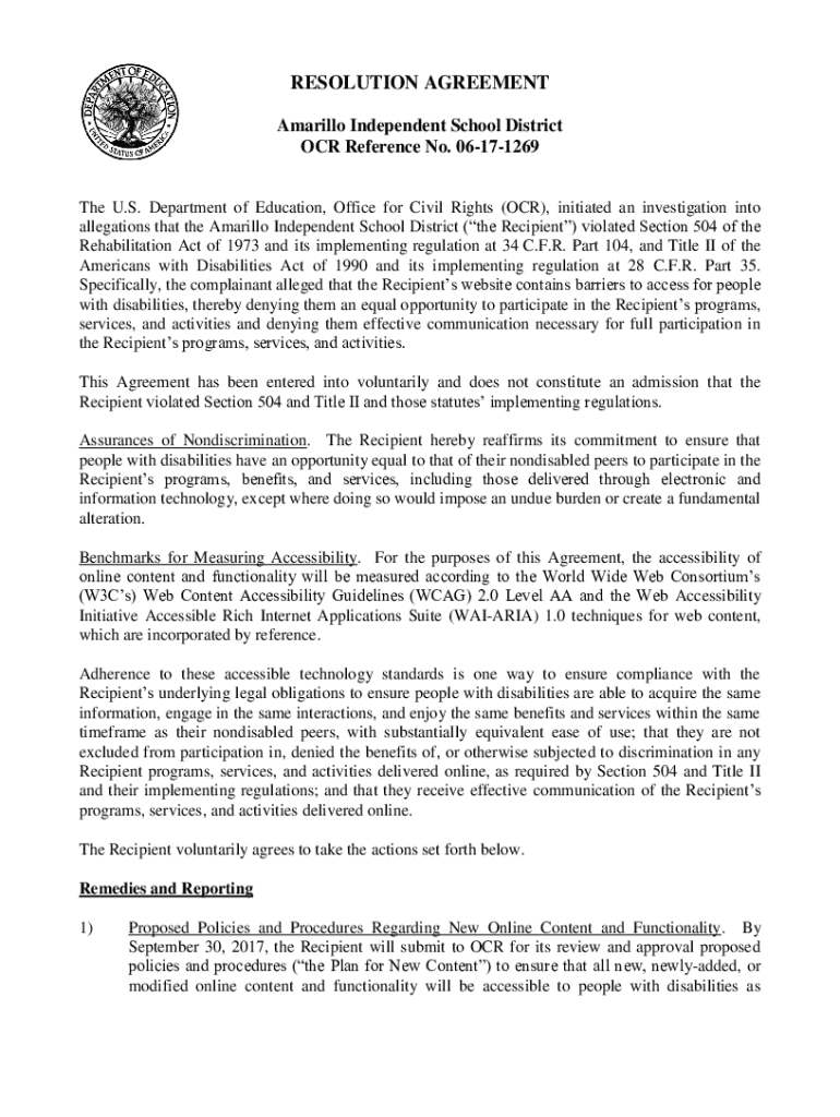 Fillable Online www2 ed Amarillo Independent School District (PDF). Resolution Agreement Fax ...