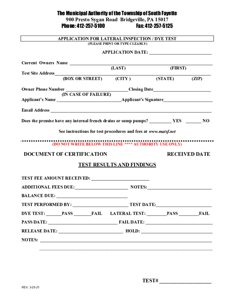 Fillable Online Dye Test Lateral Inspection Form.doc Fax Email Print ...