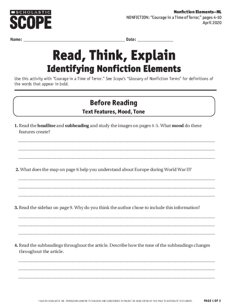 Fillable Online Read, Think, Explain: Identifying Nonfiction Elements 2 ...