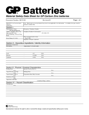 Fillable Online Material Safety Data Sheet for GP Carbon Zinc batteries ...