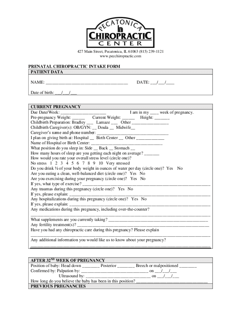 Fillable Online PRENATAL CHIROPRACTIC INTAKE FORM PATIENT DATA NAME ...