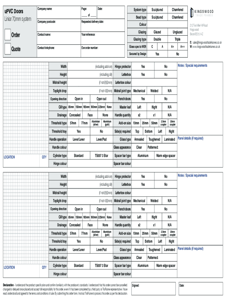 Fillable Online uPVC Doors Liniar 70mm system Order Quote Fax Email ...