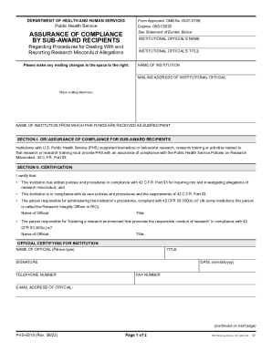 Fillable Online ori hhs FORM PHS-6315. Assurance of Compliance by Sub ...