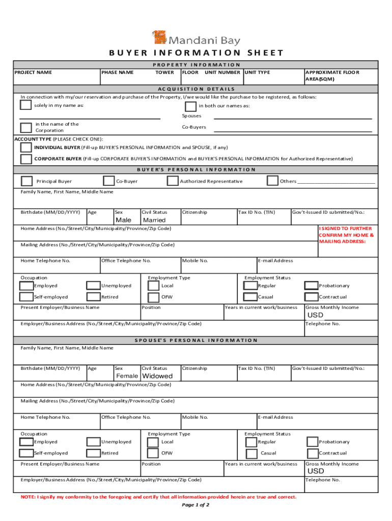 Fillable Online BUYERS INFORMATION SHEET INDIVIDUAL WITH ... Fax Email ...