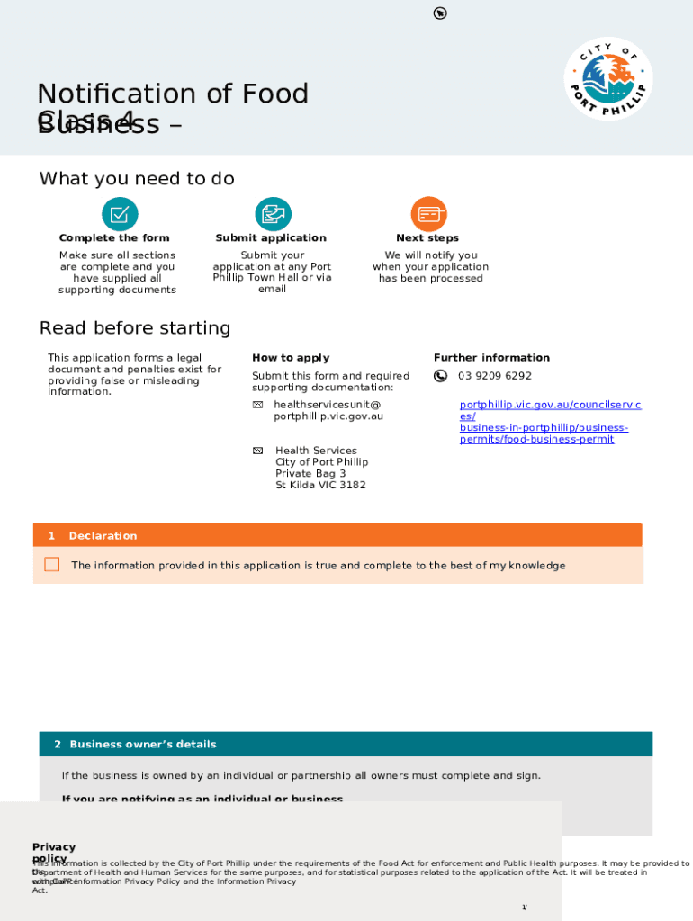 Notification of a Class 4 Food Premises Doc Template | pdfFiller